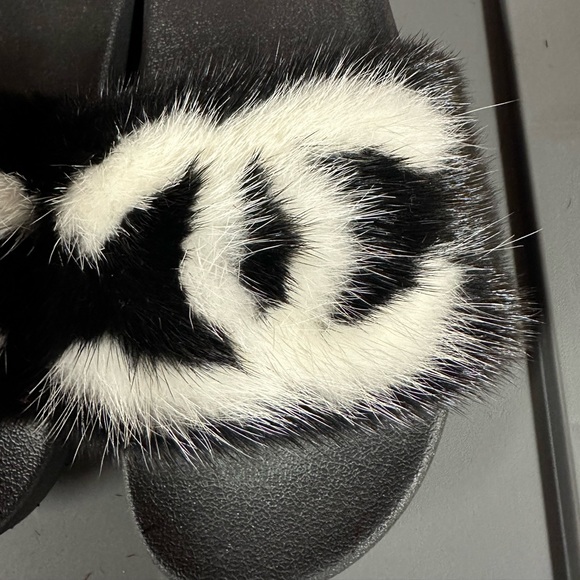 Shoes | Logo Black Fuzzy Fur Slippers Sizes 75 New | Poshmark